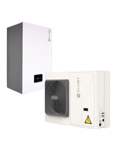 Sistema di riscaldamento ibrido compatto Clivet R32 composto da pom...